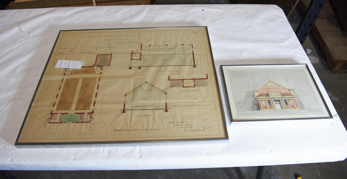 Two coloured architectural drawings of a proposed cinema at Green Lane ...