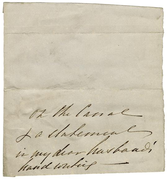 Note reading 'On the canal and a [...] in my dear husband’s handwriting ...