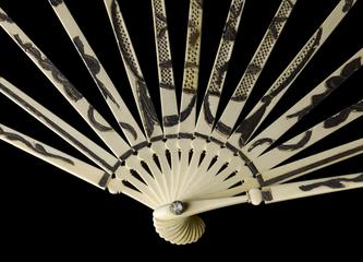 Ivory and silver fan with painted panels decorated with balloon scene ...