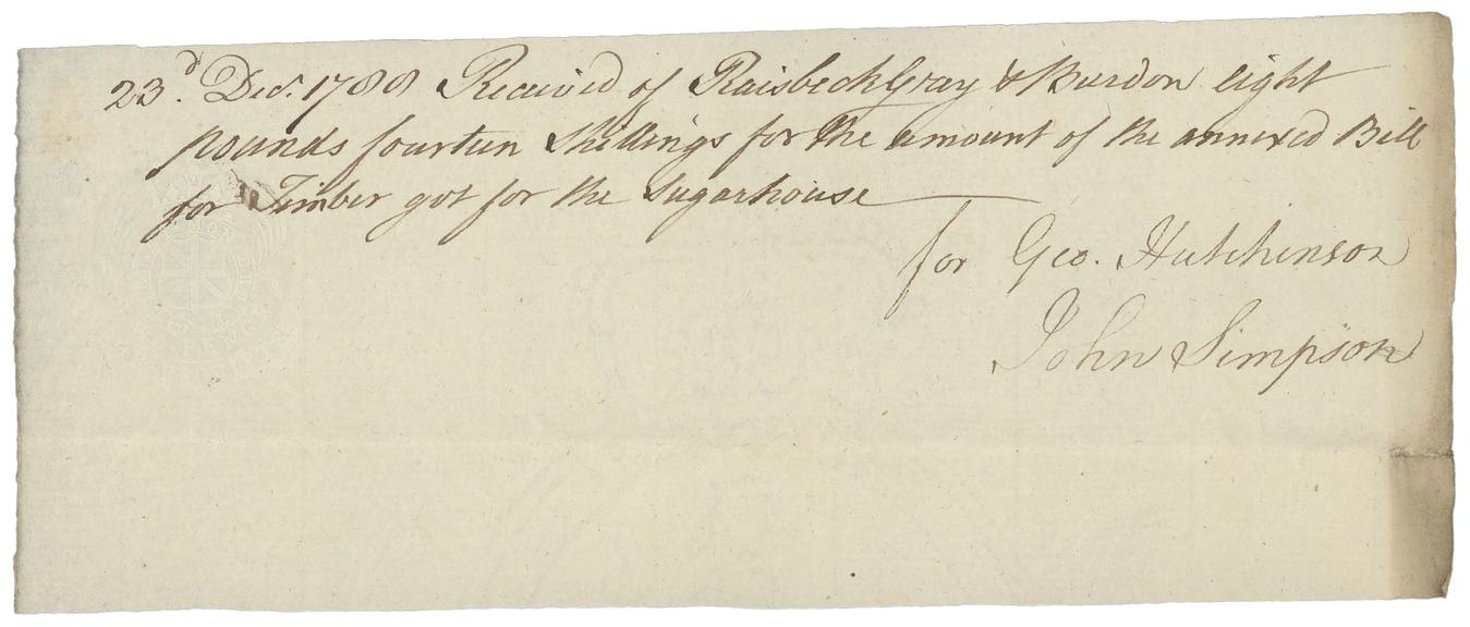 Receipt from George Hutchinson and John Simpson to Raisbeck, Gray and ...