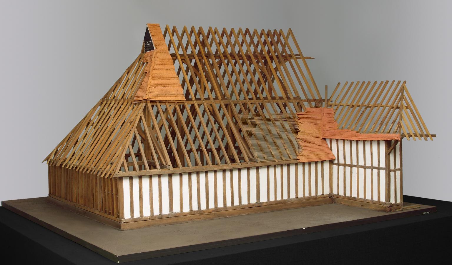 Model of the mediaeval barley barn at Temple Cressing, Essex, c. 1220 ...