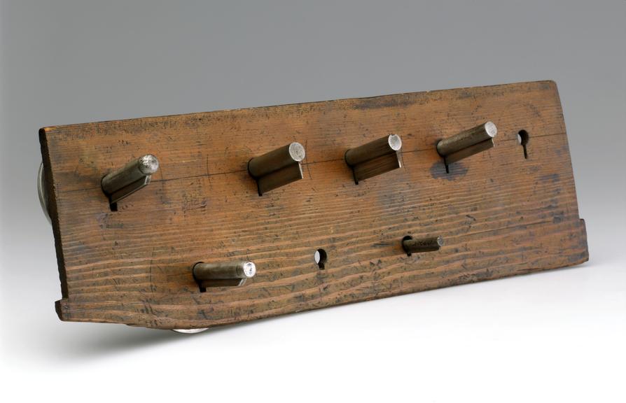 Six Bramah lock drilling templates, on pine (wood) board | Science ...