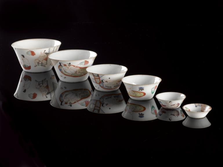 Nest of bowls with painted scene of copulating man and woman | Science ...