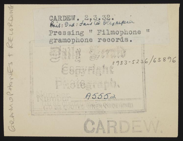 Daily Herald Photograph: Pressing 'Filmophone' gramophone records ...