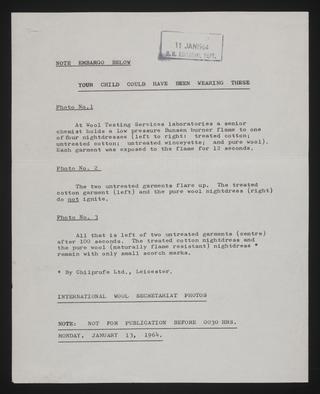 A document of Industry, Textiles - Cloth, Fire-Proof, Non Shrink ...