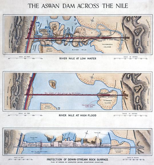 Drawing, Aswan Dam across the Nile showing: (1) the Nile at Aswan ...
