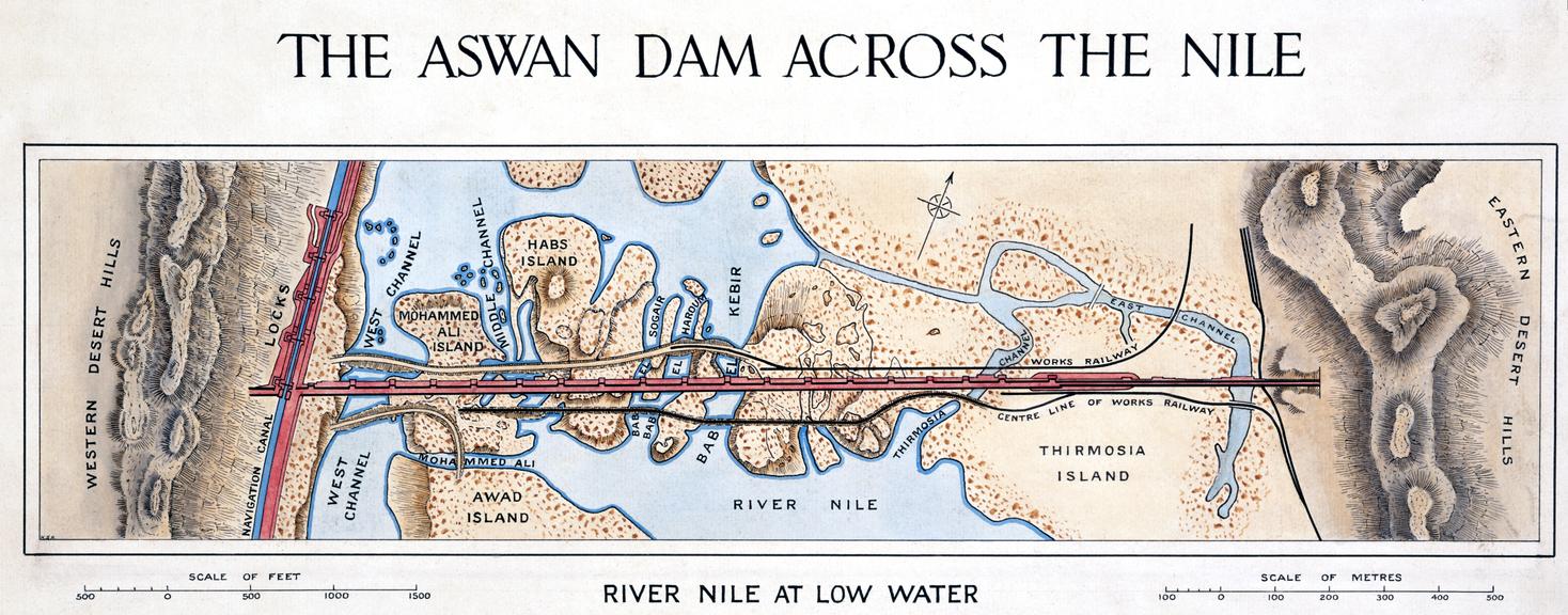 Drawing, Aswan Dam across the Nile showing: (1) the Nile at Aswan ...