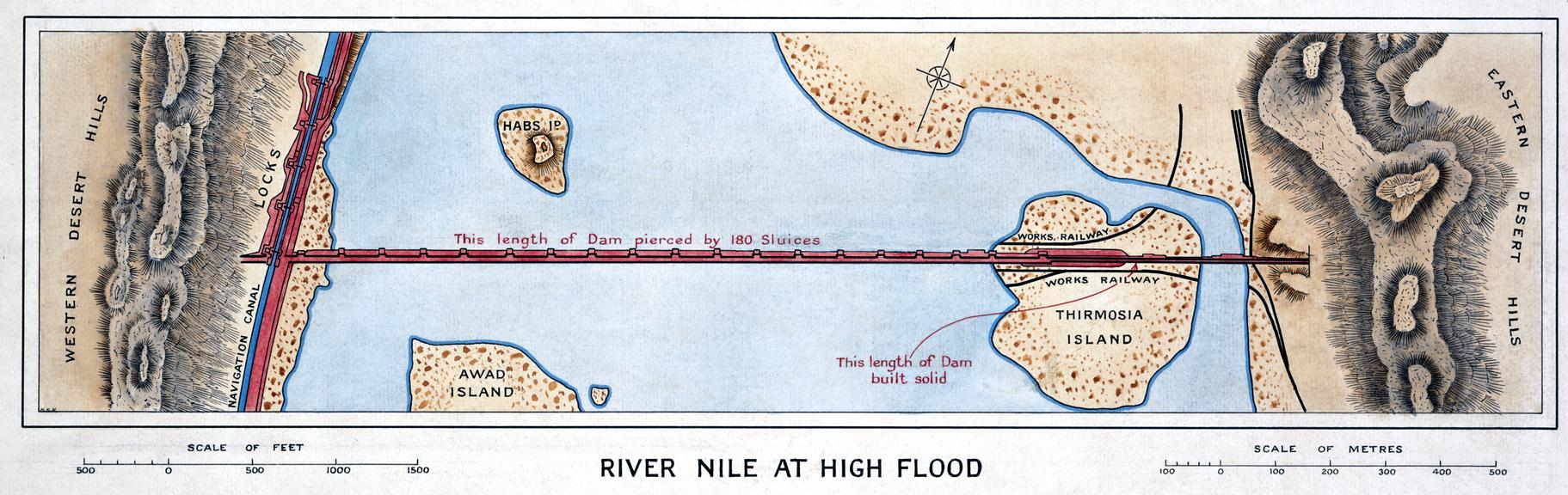 Drawing, Aswan Dam across the Nile showing: (1) the Nile at Aswan ...