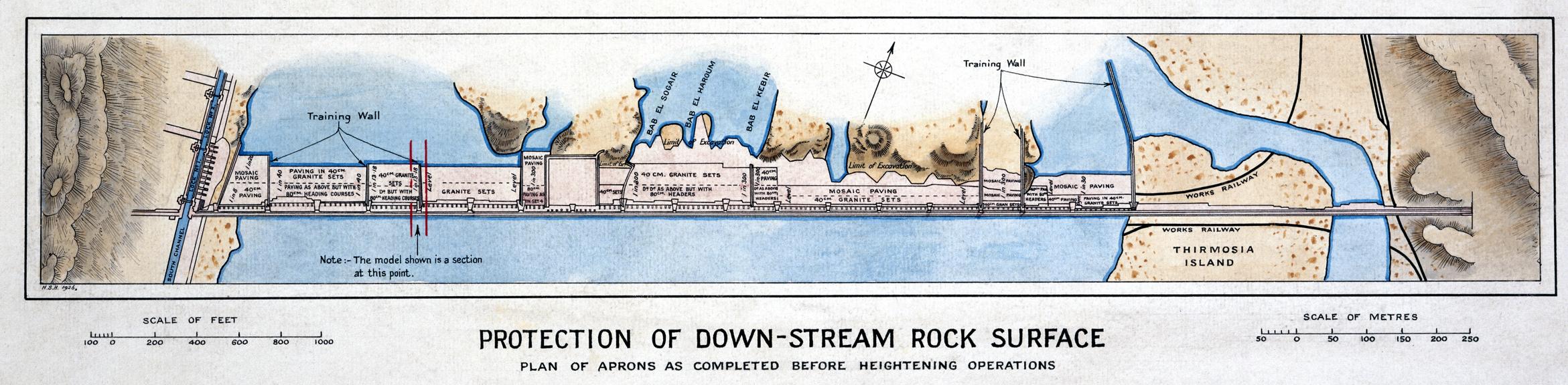 Drawing, Aswan Dam across the Nile showing: (1) the Nile at Aswan ...