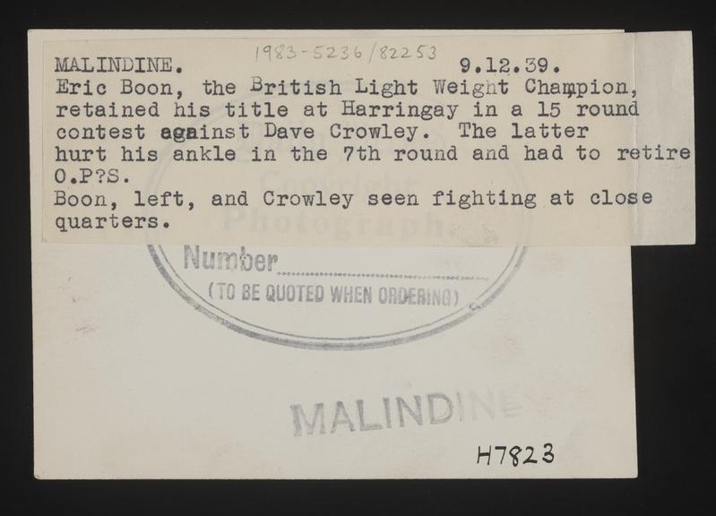 A photographic print of Sports, Boxing, Boon v Crowley, 9.12.39 ...