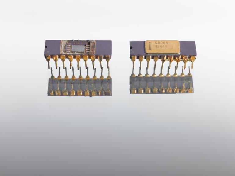 Two Intel 8008 microprocessor chips plus silicon wafer and two Intel ...