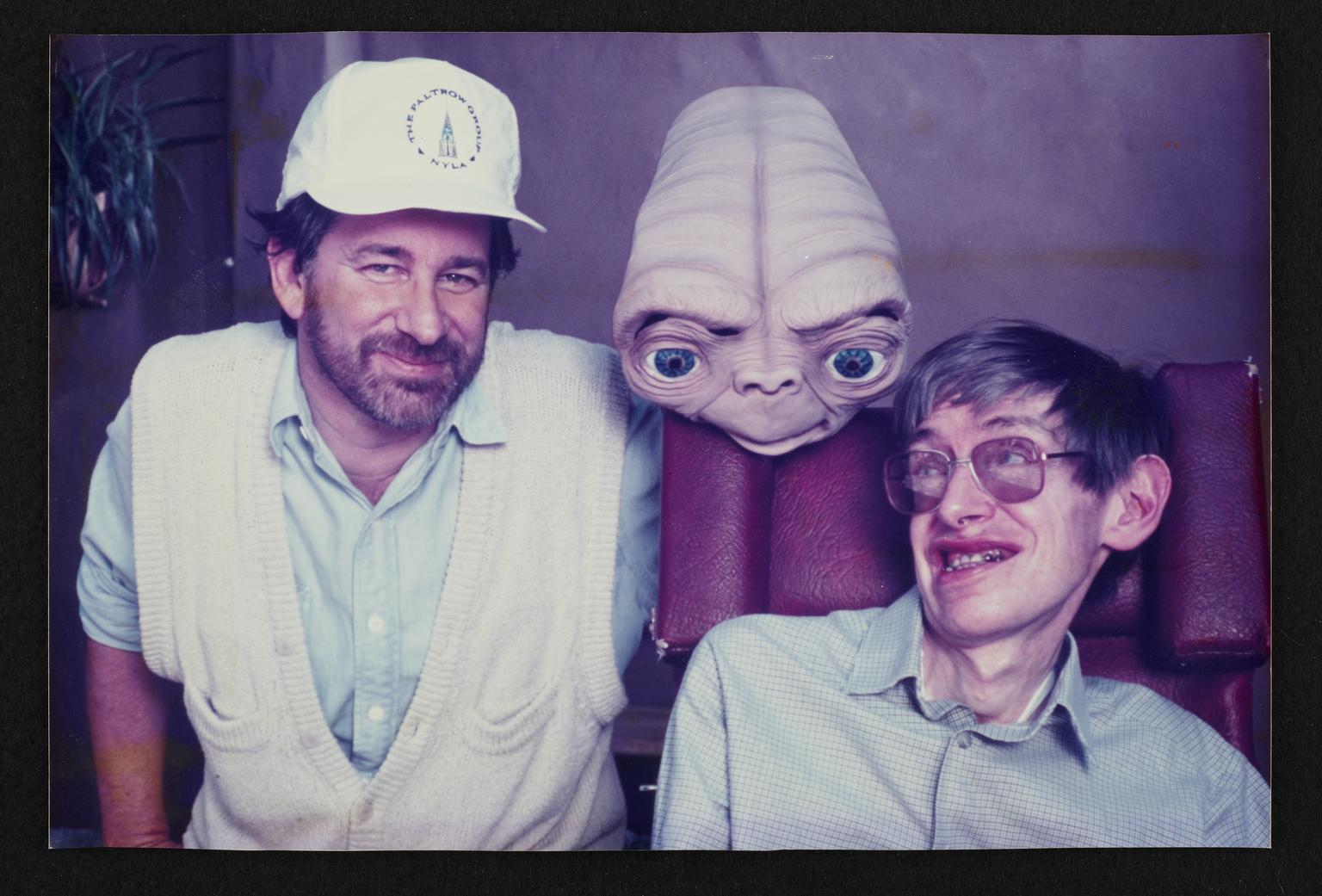 Photograph of Stephen Hawking with director Steven Spielberg and his ...