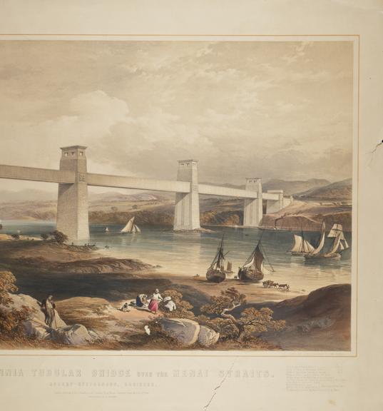 Coloured lithograph: Britannia Tubular Bridge over the Menai Straits ...