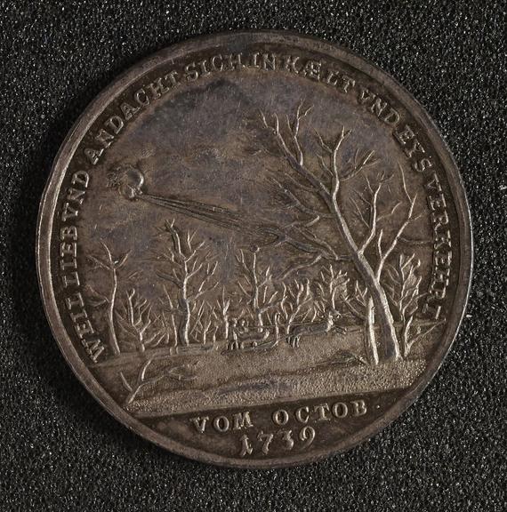 Medal lamenting the cold winter of 1739 and showing the after effects ...