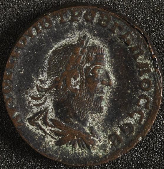 Imperial bronze coin with head of Emperor Trebonianus Gallus on obverse ...