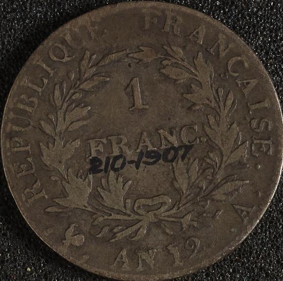 Franc coin of Napoleon Bonaparte (France) | Science Museum Group Collection