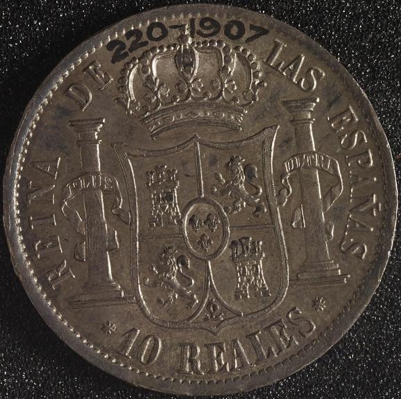 Ten Reales coin of Isabella II (Spain) | Science Museum Group Collection
