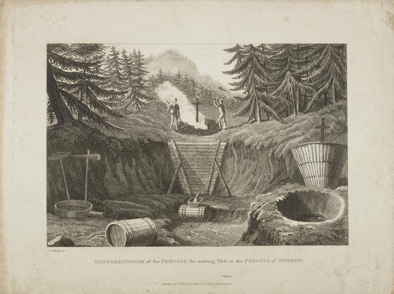Print, engraving, 'Representation of the process for making tar ...