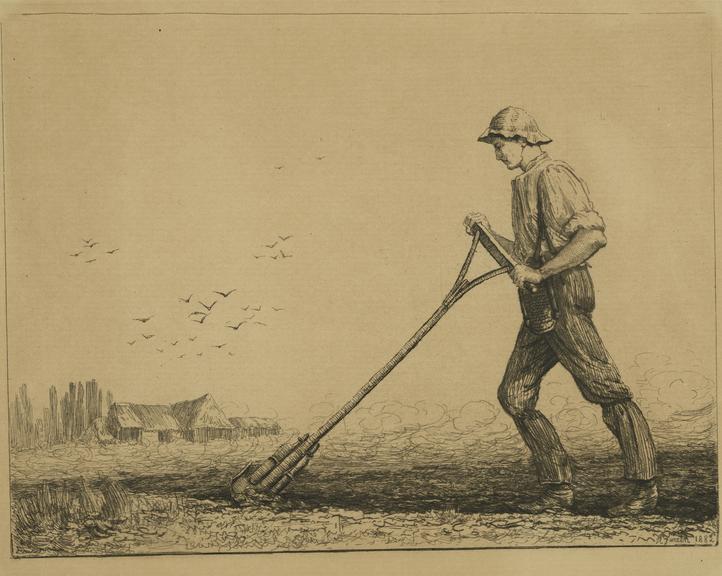 Small etching of a labourer using a breast plough | Science Museum ...