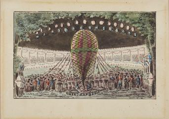 One water colour (contemporary) French. Balloon ascent preparations ...