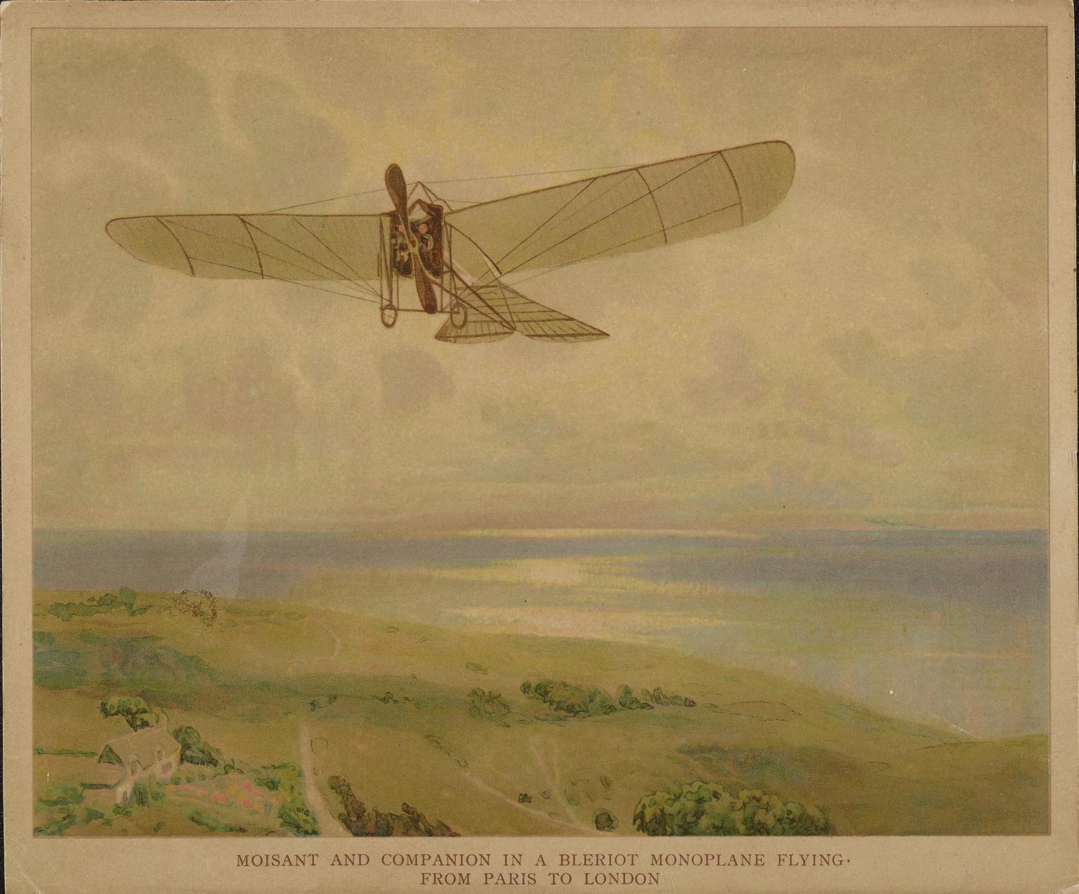 Moisant and Companion in a Bleriot Monoplane flying from Paris to ...