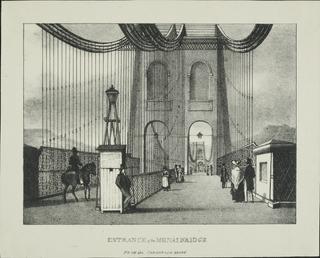 Lithograph, Entrance of the Menai Bridge from the Carnarvon Shore ...
