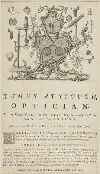 Trade card for James Ayscough, optician, London, England, 1749-1750 ...
