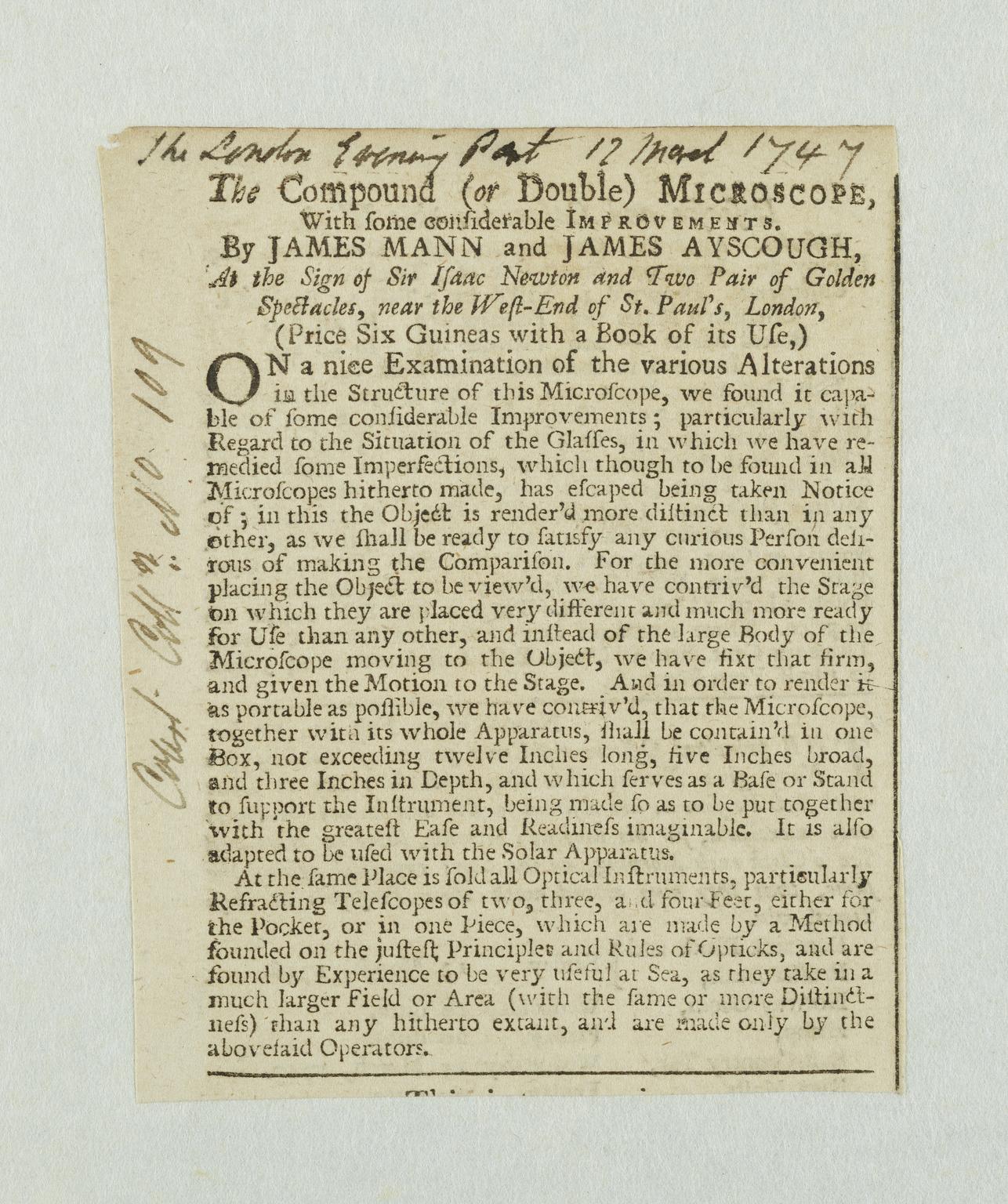 Trade card: James Mann & James Ayscough. At the Sign of Sir Isaac ...