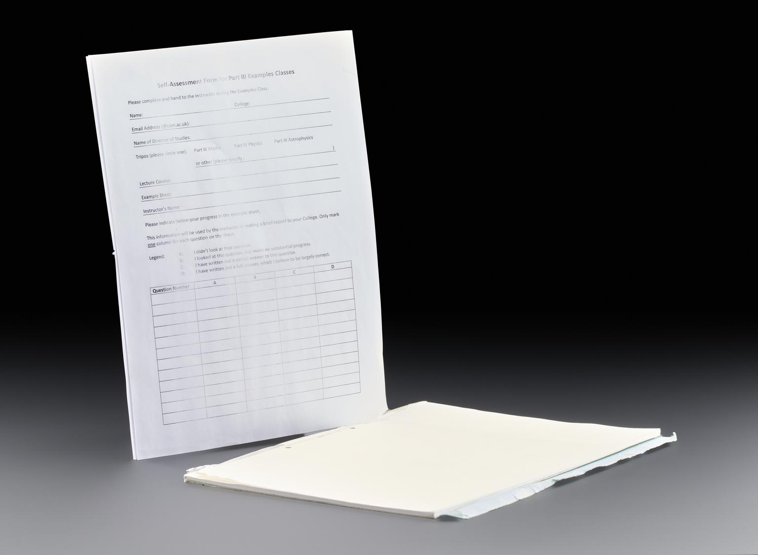 Self-assessment papers and half pad of lined paper | Science Museum ...