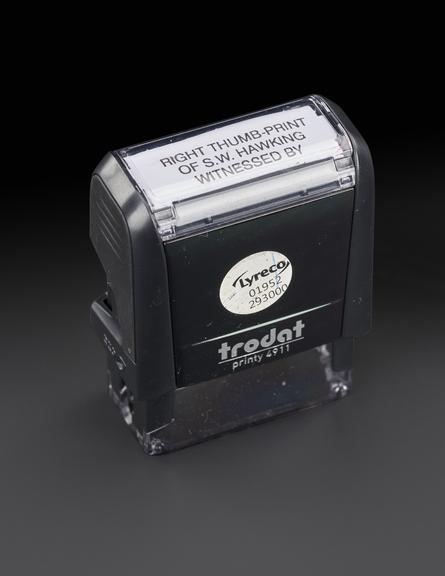 Stamp that prints "“Right thumb-print of S.W. Hawking witnessed by ...