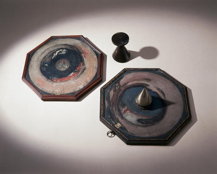 Anamorphic picture, early 18th century, with cone mirror, wooden cover ...