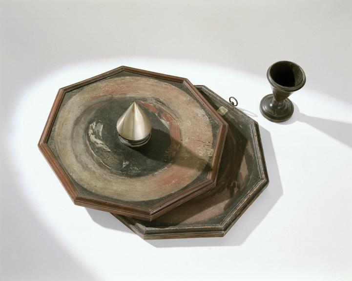 Anamorphic picture, early 18th century, with cone mirror, wooden cover ...