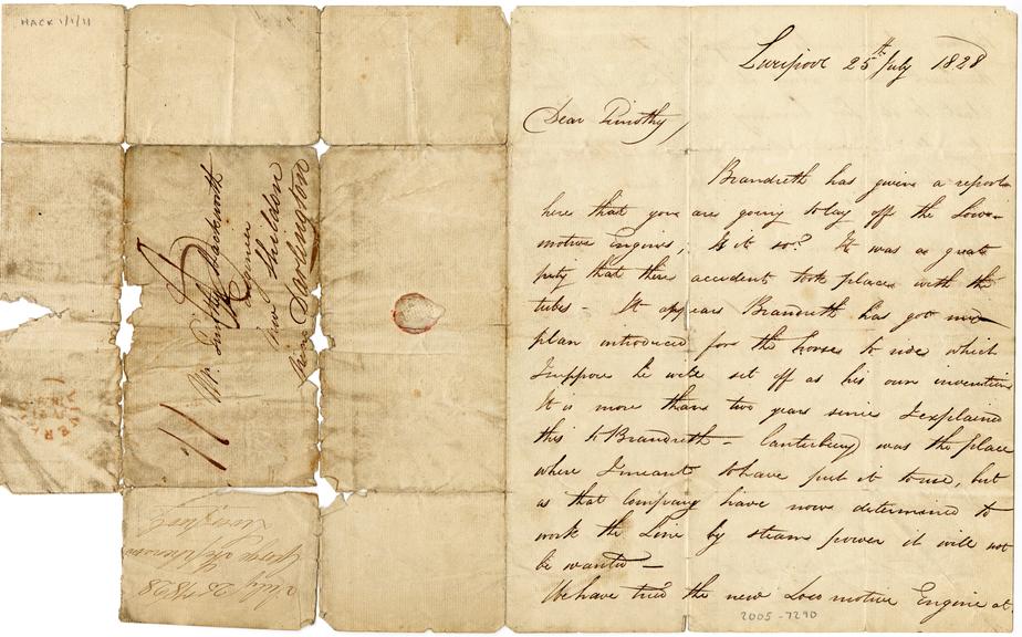 Letter from George Stephenson, Liverpool to Timothy Hackworth, New ...
