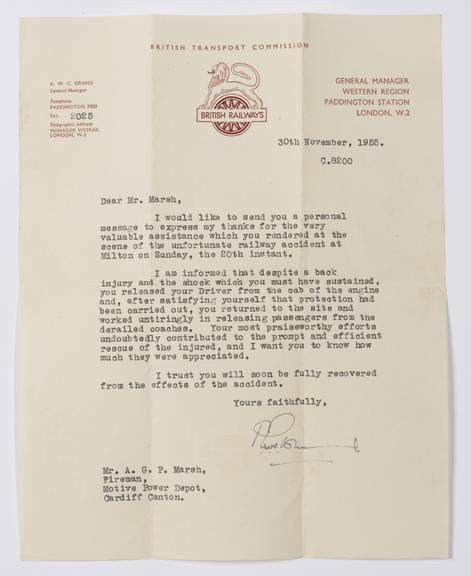 Letter of thanks from General Manager to Albert George Powell Marsh for ...