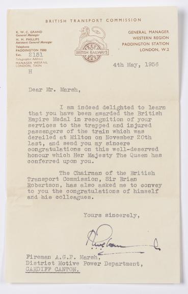 Letter of congratulations from General Manager and Chairman to Albert ...