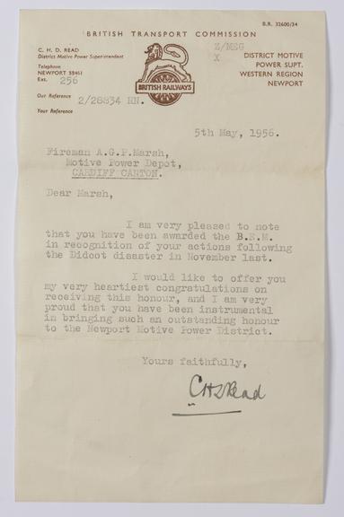Congratulatory letter from British Transport Commission to Albert ...