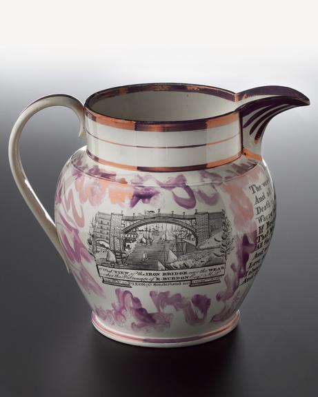 Sunderland ware jug decorated with pink lustre bands and splashes ...