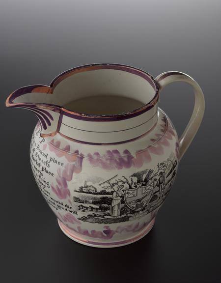 Sunderland ware jug decorated with pink lustre bands and splashes ...