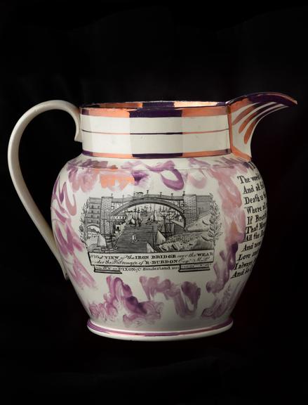 Sunderland ware jug decorated with pink lustre bands and splashes ...