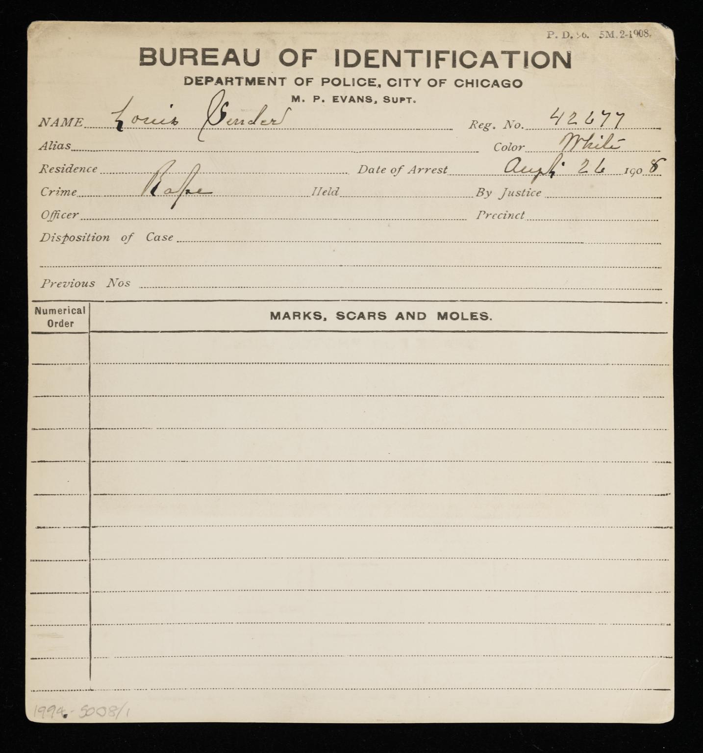 Five identification record cards from the Bureau of Identification ...
