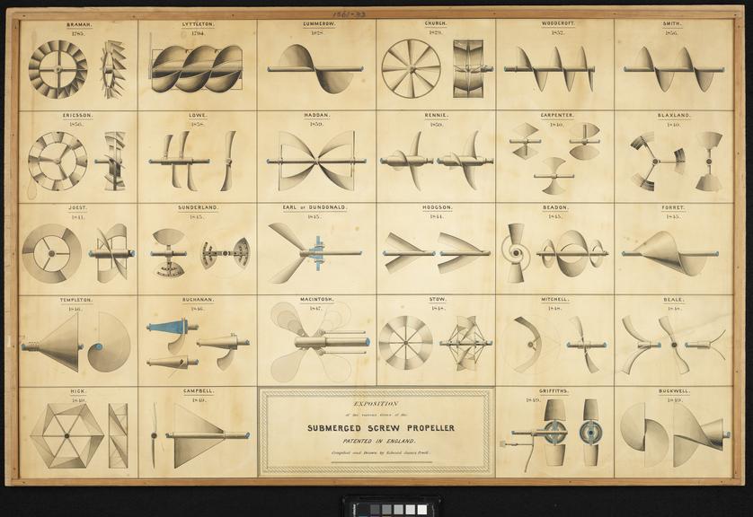 Twenty-eight drawings on one sheet of paper of screw propellers ...