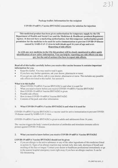 Pfizer/BioNTech COVID-19 leaflet | Science Museum Group Collection
