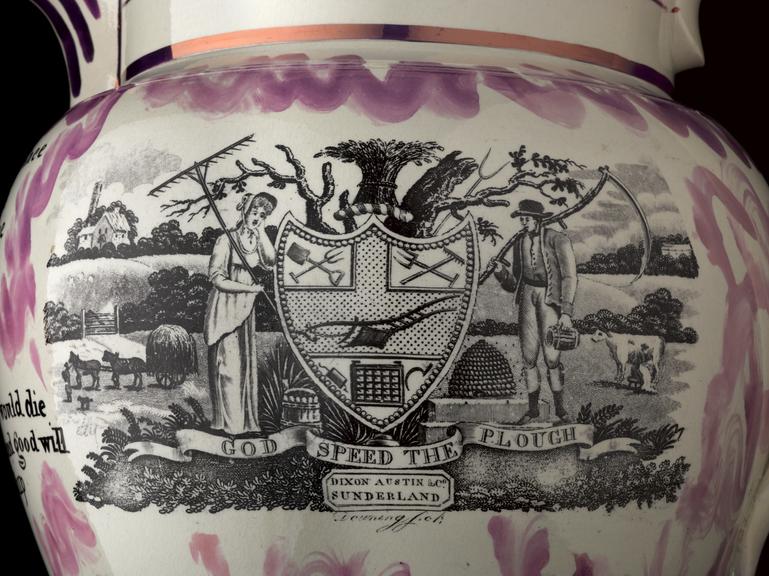 Sunderland ware jug decorated with pink lustre bands and splashes ...