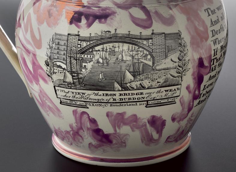 Sunderland ware jug decorated with pink lustre bands and splashes ...
