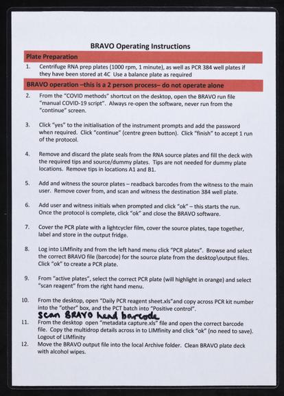 Operating instructions, with handwritten notes, for an Agilent Bravo ...