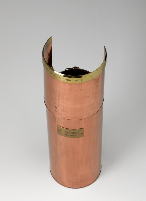 George James Symons designed rain gauge, with bottle, pail and ...