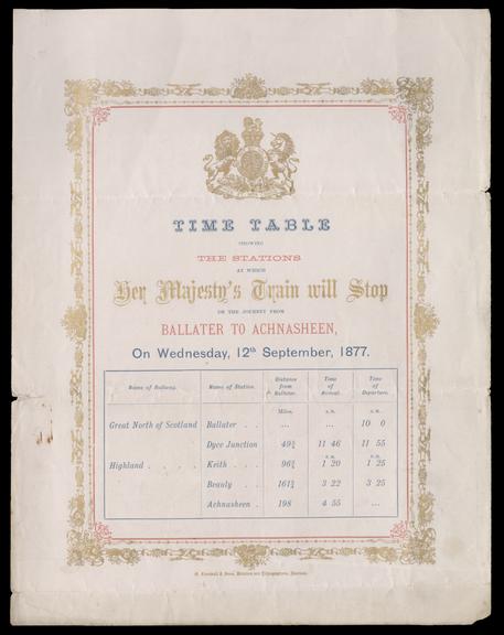 Timetable Showing the Stations at which Her Majesty's Train will stop ...