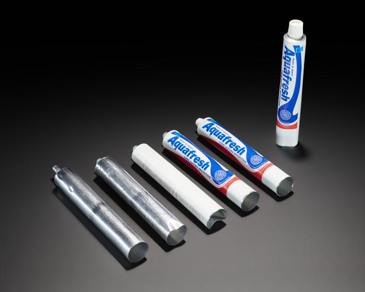 Ten stages in the manufacture of a tube of 'Aquafresh' toothpaste ...