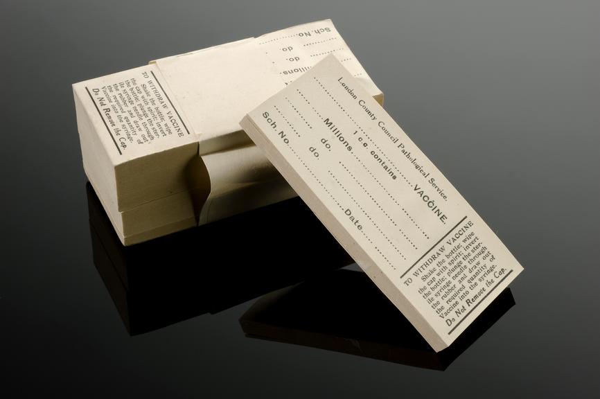 Packet of labels for vaccines, England, 1889-1945 | Science Museum ...